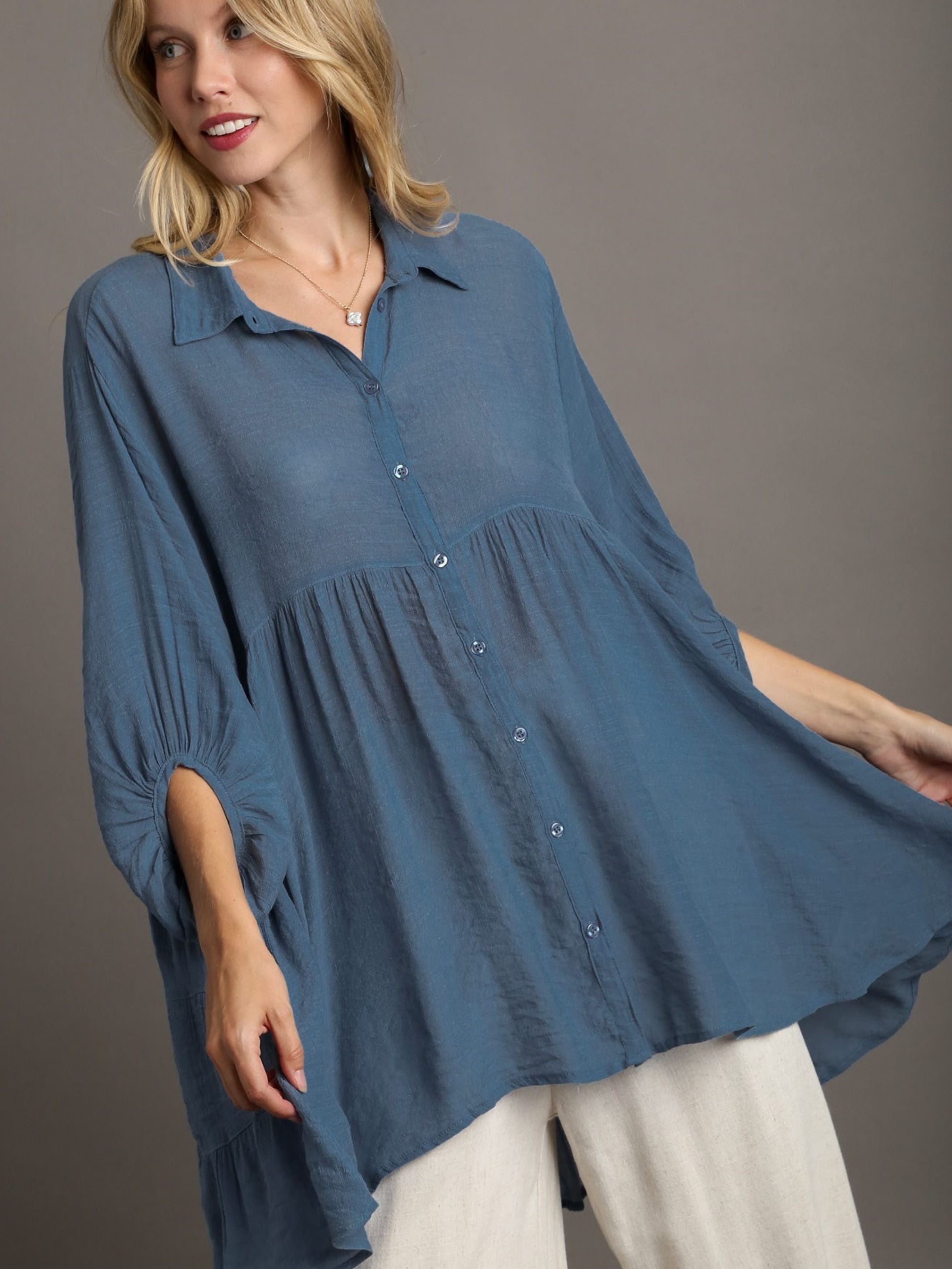 Denim Blue 3/4 Sleeve Button Down Tunic Blouse – J.Forks Designs