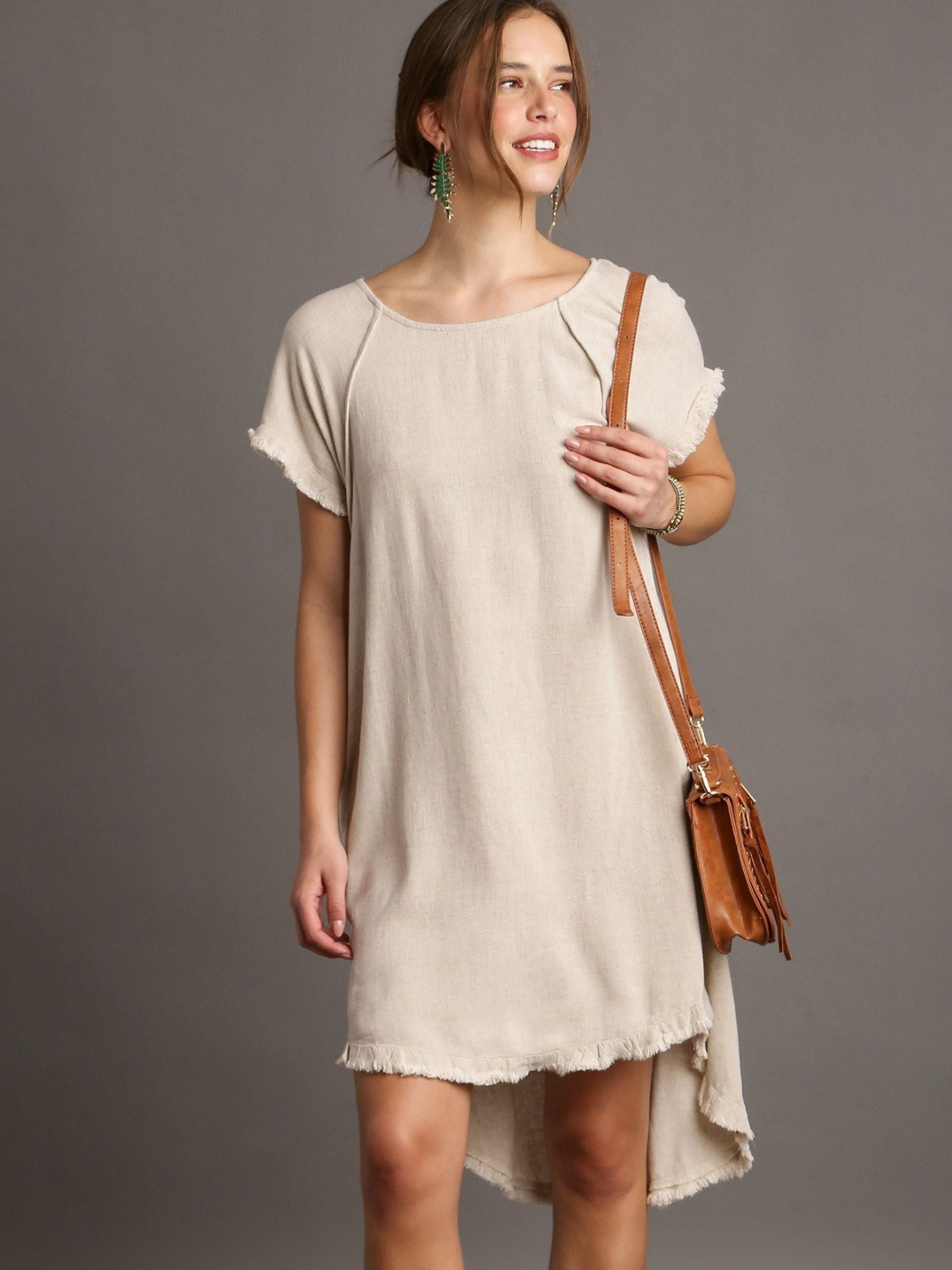 Oatmeal Linen Blend Hi Lo Scoop Hem Dress – J.Forks Designs